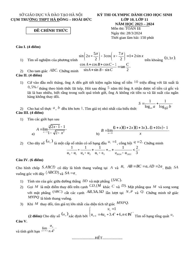 1.de - HDC - HSG Toán 11-C M Hà Đông-Hoài Đ C-2023-2024 | PDF
