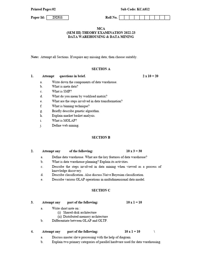 Mca 3 Sem Data Warehousing Data Mining Kca012 2023 | PDF | Data Warehouse | Machine Learning