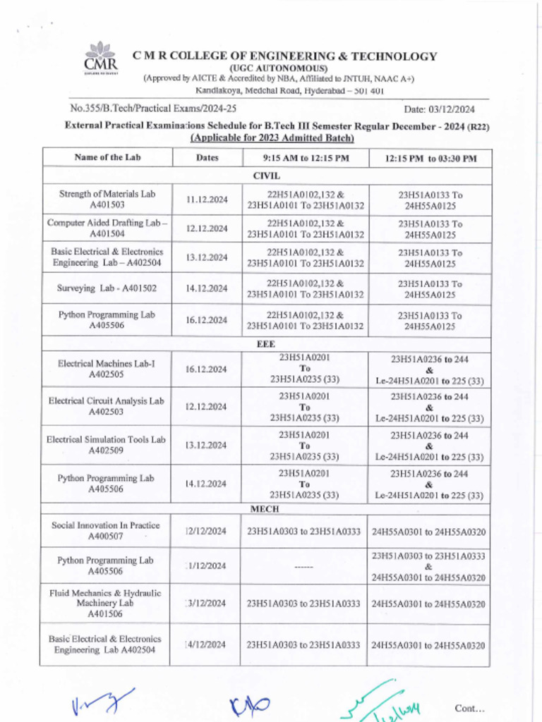 B.tech III Semester Regular & Supplementary External Practical Examination Schedule R22 & R18 ...