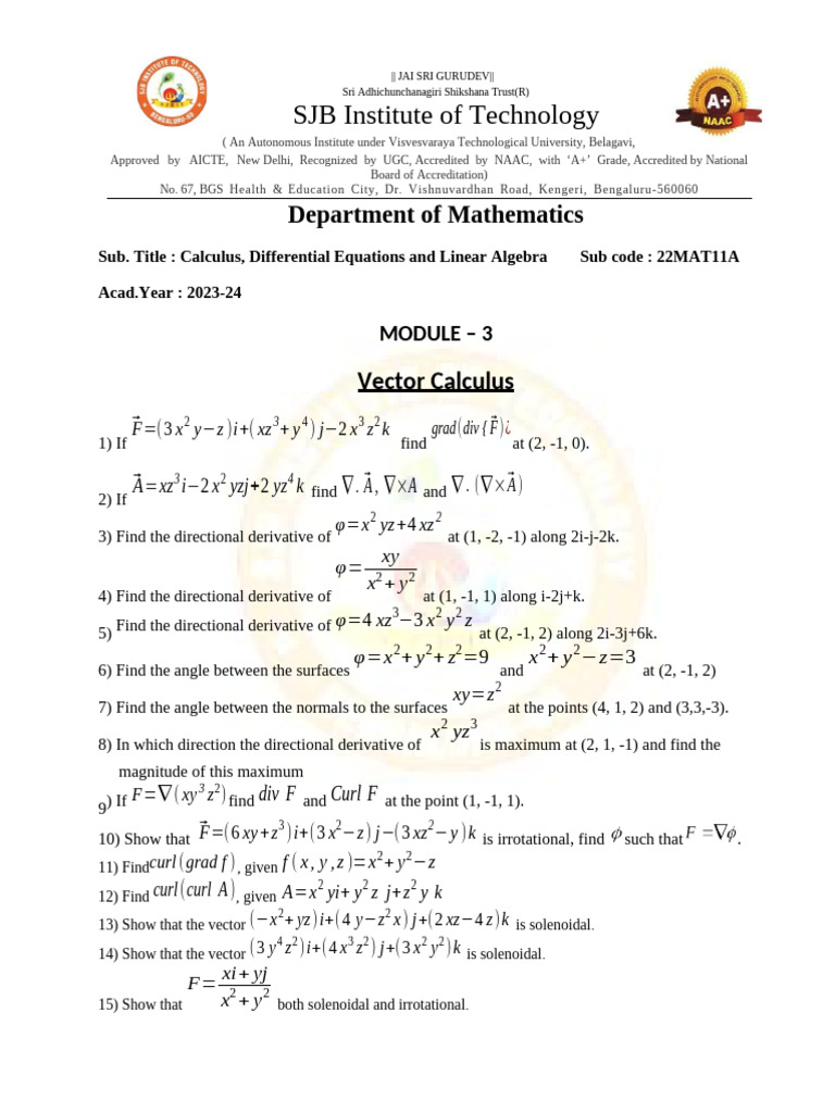 Vector Caculus QB For CSE | PDF | Linear Algebra | Algebra