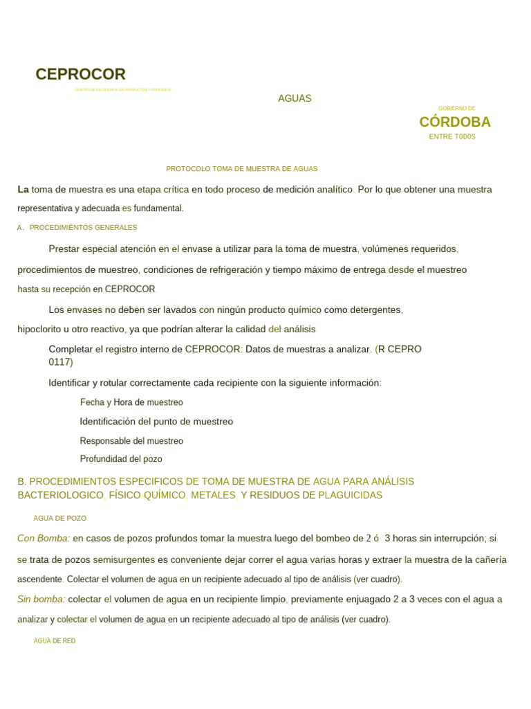 Protocolo Toma Muestras Agua 2020 1 | PDF | Agua | Muestreo (Estadísticas)