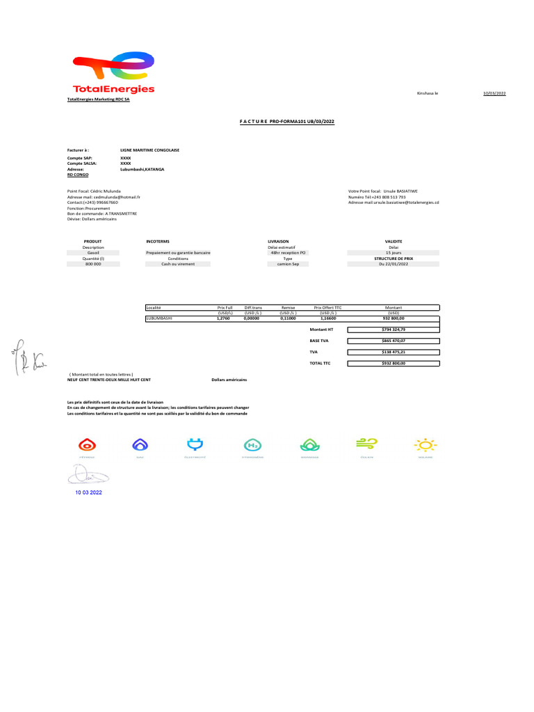 Facture Pro Forma TotalEnergies RDC | PDF | Taxe sur la valeur ajoutée ...