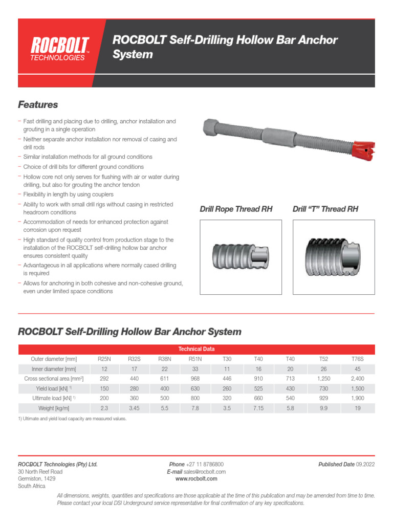 Rocbolt DataSheet Self-Drilling Hollow Bar Anchor en | PDF ...