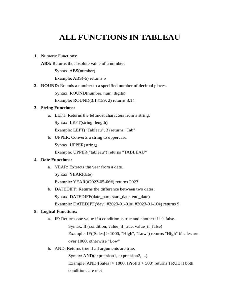 All Functions in Tableau | PDF | Integer (Computer Science) | Standard ...