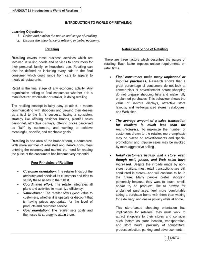 Handout 1.0 Introduction To World of Retailing | PDF | Retail | Employment