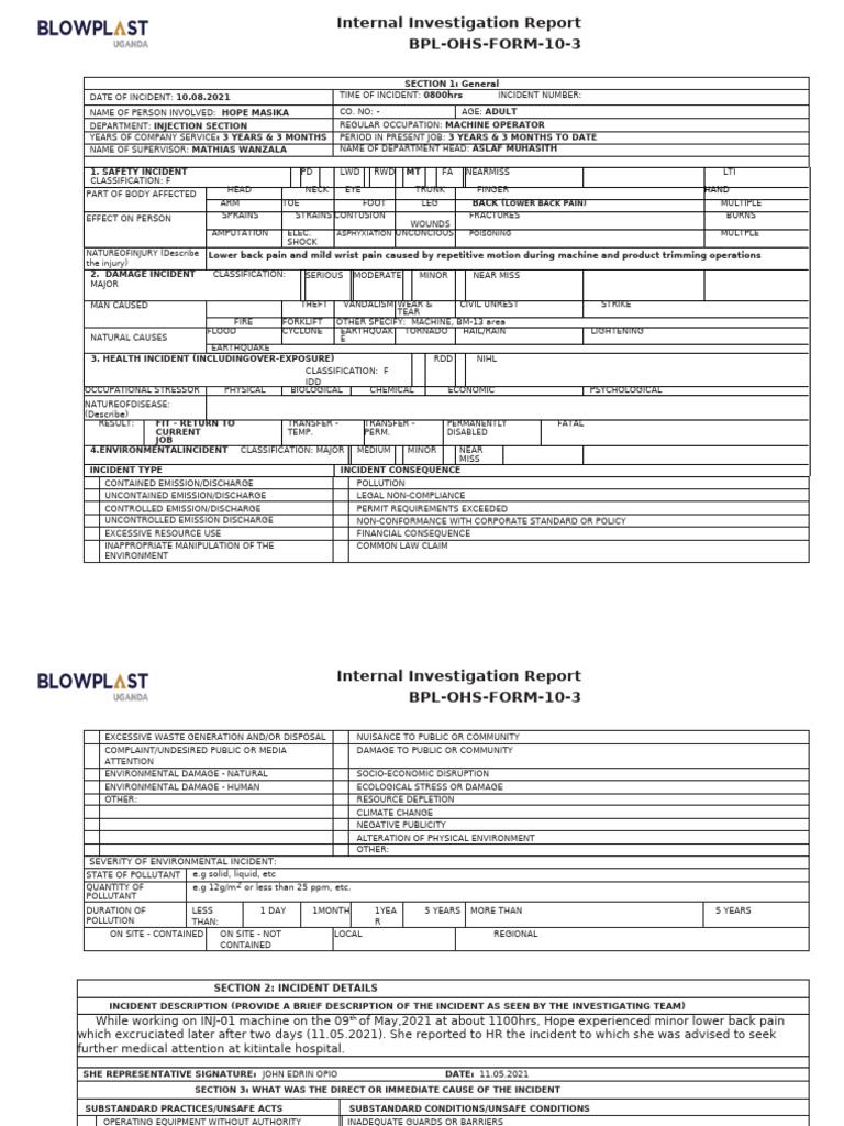 BPL-OHS-FORM-10-3 Internal Investigation Report | PDF | Pollution | Air Pollution