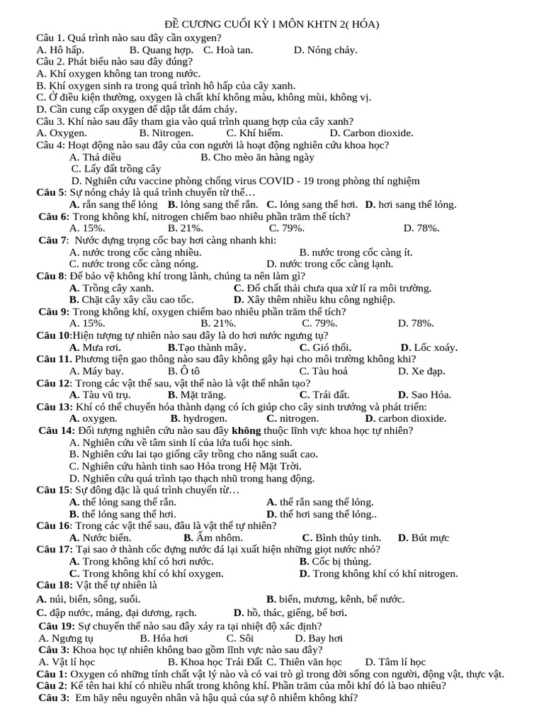 ĐỀ CƯƠNG CUỐI KỲ I MÔN KHTN 2 | PDF