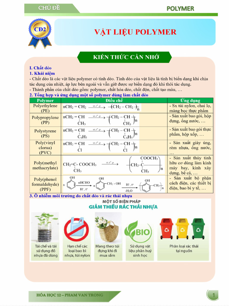 ĐÁP ÁN CĐ2- (TỜ 01) HÓA 12-CHUONG 4 POLYMER-VIẾT TAY | PDF