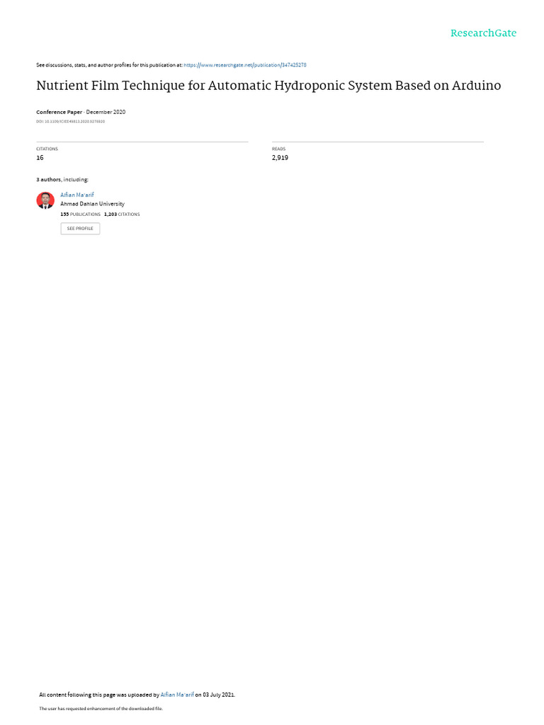 Nutrient Film Techniquefor Automatic Hydroponic System Basedon Arduino ...