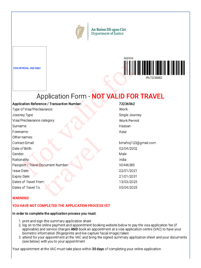 Irish Visa Application Summary Form | PDF | Travel Visa | Passport