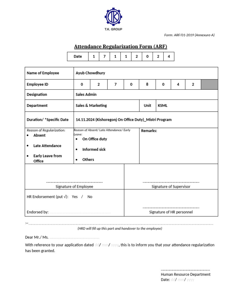 A. Attendance Regularization Form | PDF A. Attendance Regularization Form | PDF