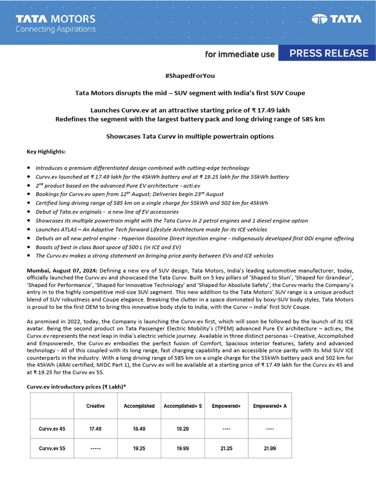 Press Release Tata Motors Disrupts the Mid SUV Segment With Indias First SUV Coupe | PDF ...