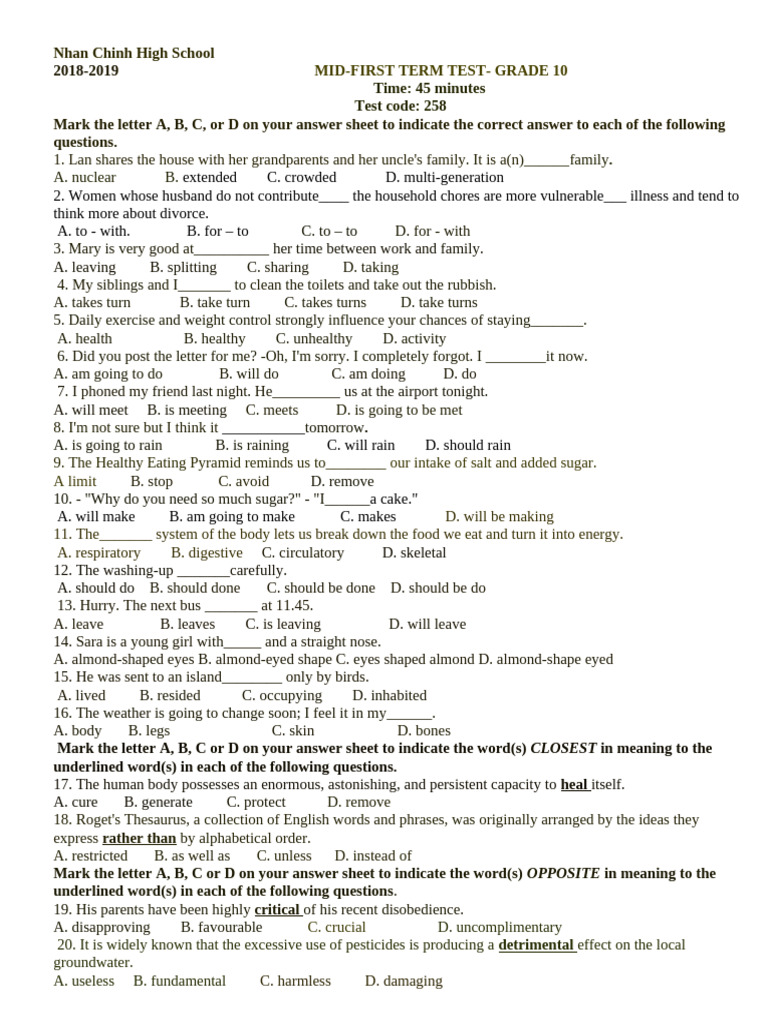 Nhan Chinh High School Grade 10 Test | PDF | Digestion ...