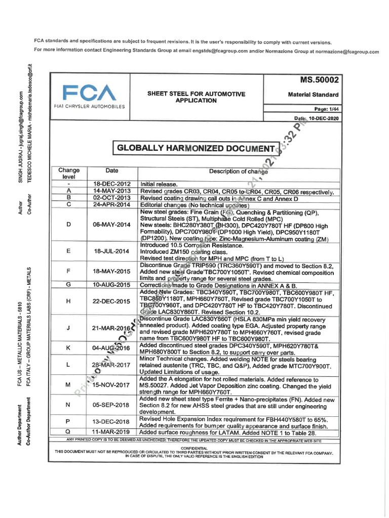 FCA MS.50002 - Sheet Steel For Automotive Application - Ed. 12.2020 | PDF