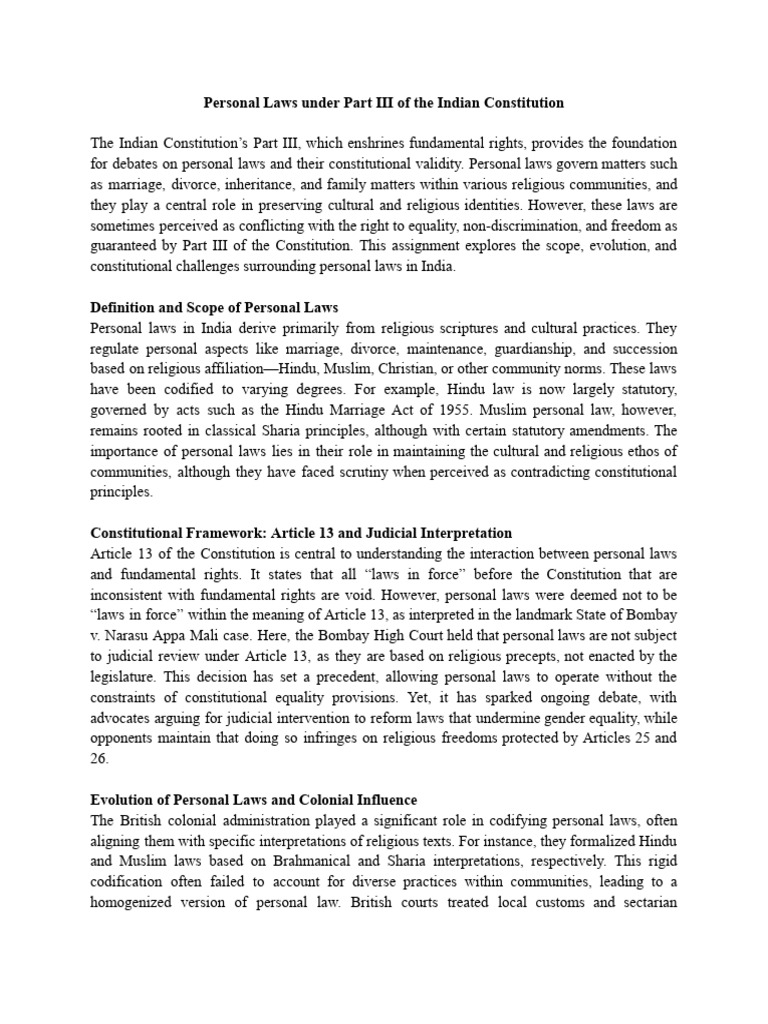 Assignment 10 - Personal Laws Under Part III of The Indian Constitution ...