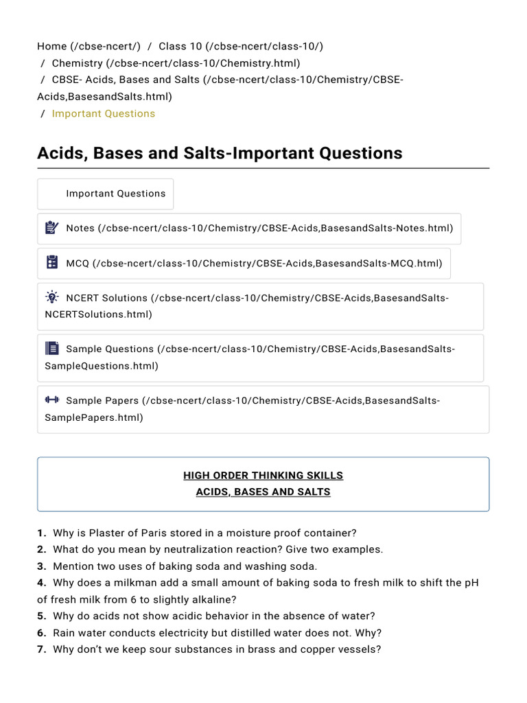 CBSE 10, Chemistry, CBSE- Acids, Bases and Salts, Important Questions | PDF CBSE 10, Chemistry, CBSE- Acids, Bases and Salts, Important Questions | PDF