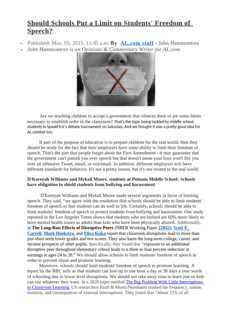Should Schools Limit Student Speech? | PDF | Freedom Of Speech | Bullying
