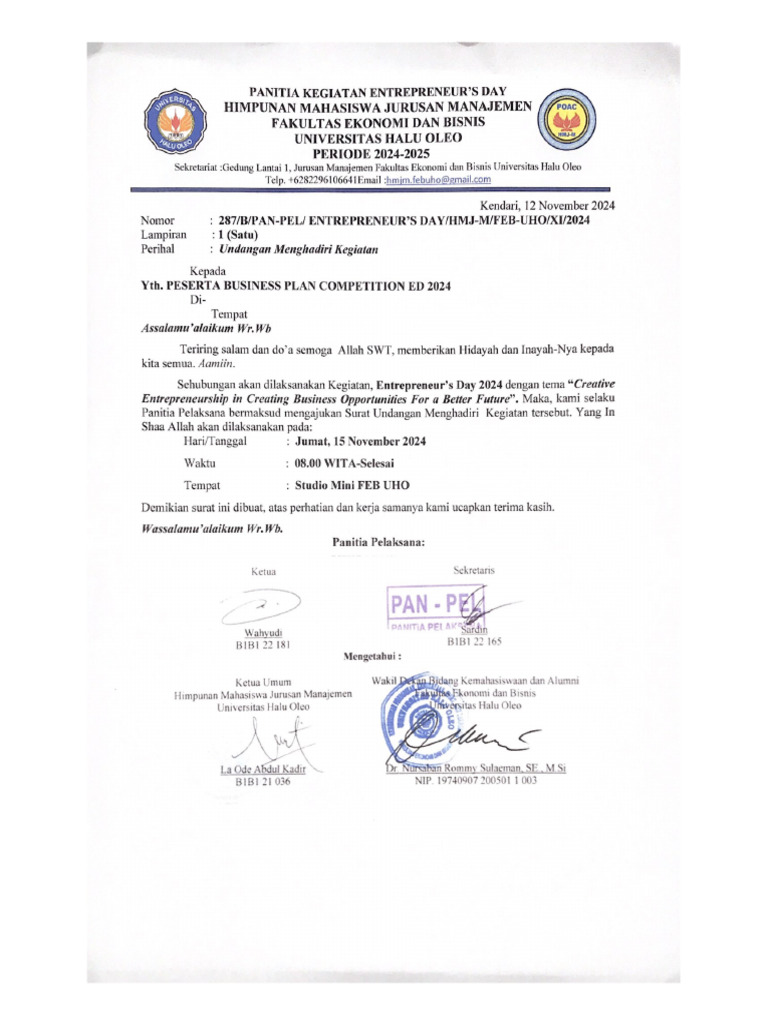 Surat Undangan Peserta Bisnis Plan Ed2024 | PDF