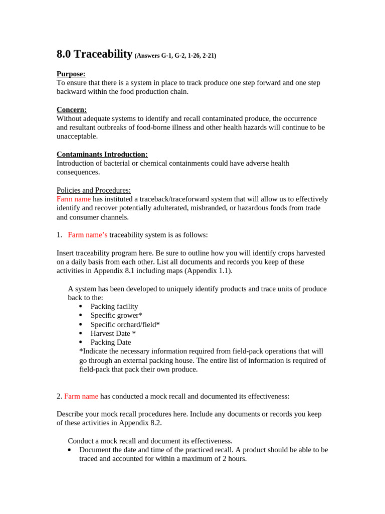 8.0 Traceability Policy and Appendices | PDF | Foodborne Illness