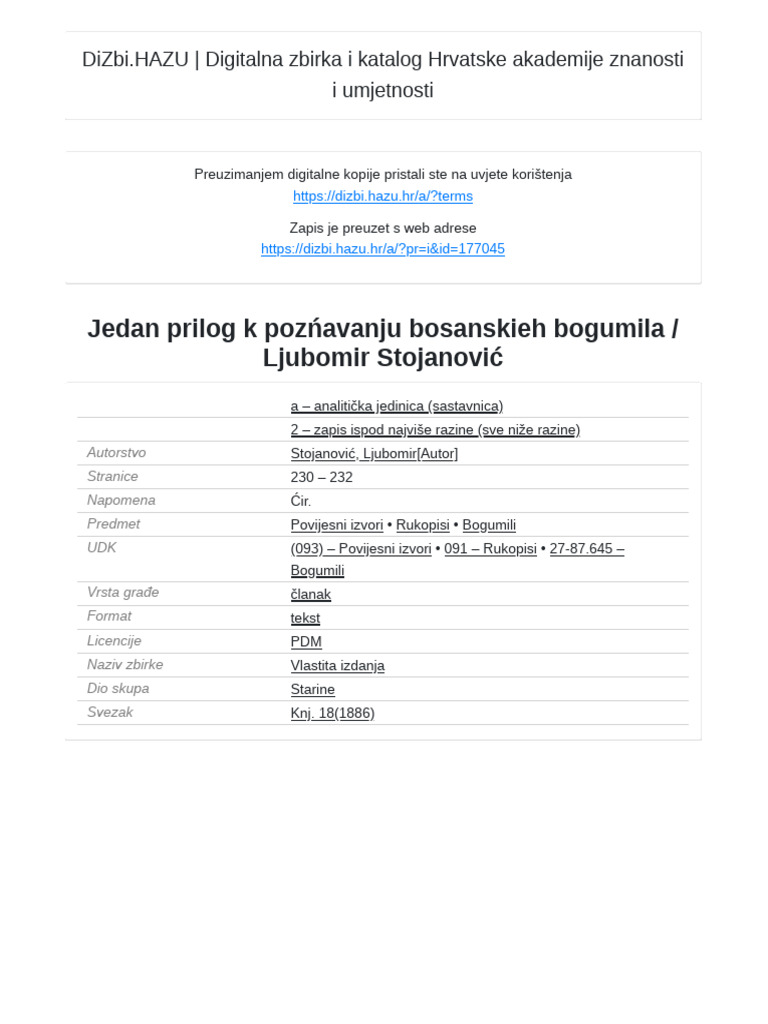 Jedan prilog k pozńavanju bosanskieh bogumila / Ljubomir Stojanović | PDF