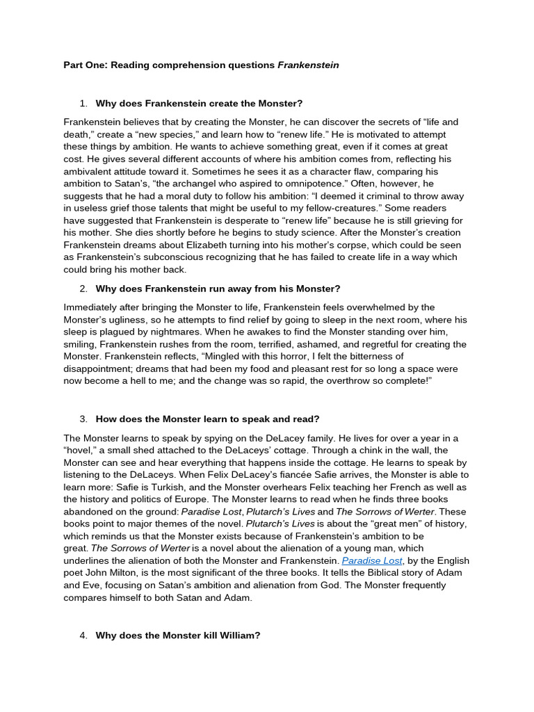 Answers Reading Comprehension Questions & Themes Frankenstein | PDF ...