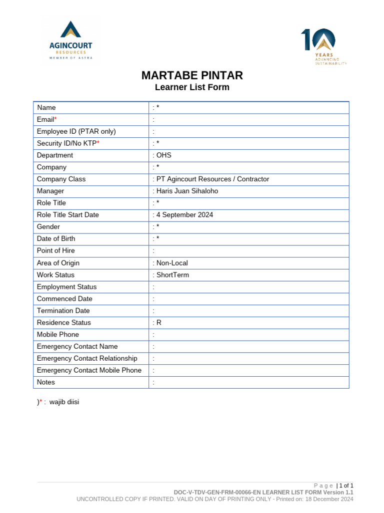 Learner List Form - EN 1 | PDF
