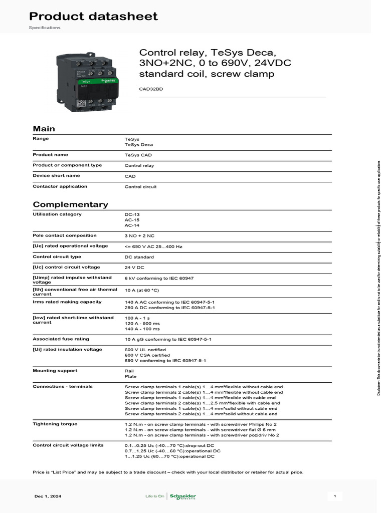 Schneider Electric - TeSys-Control-Relays - CAD32BD | PDF | Relay ...