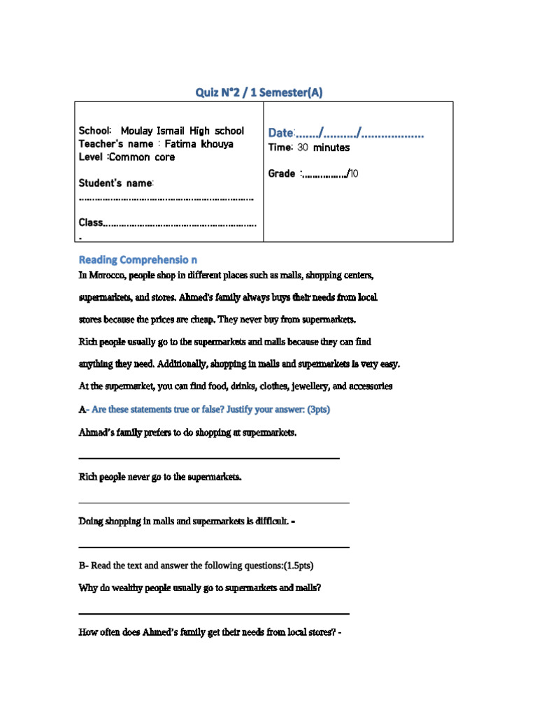 CC 2 Quiz 1 Semester (A) - 093823 | PDF | Linguistics