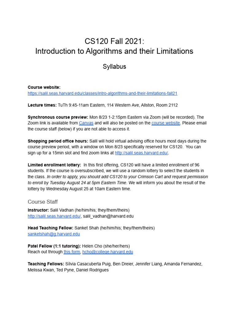cs120 Fall2021 Syllabus | PDF | Algorithms | Mathematics
