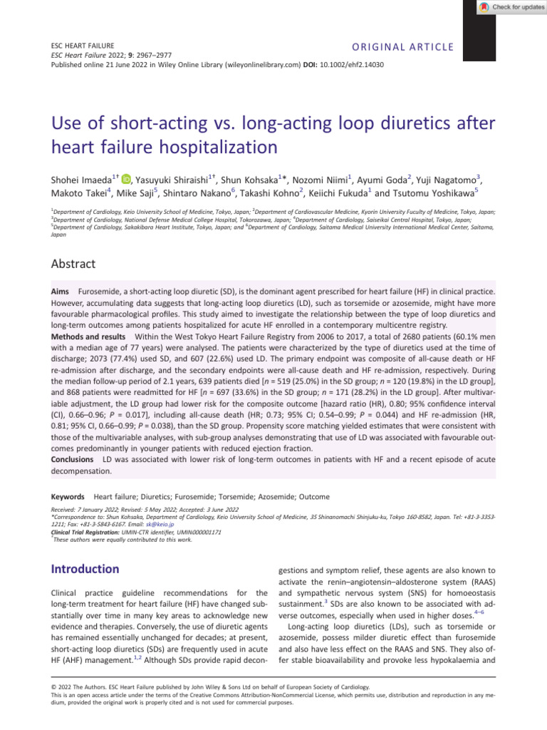 ESC Heart Failure - 2022 - Imaeda - Use of Short‐Acting vs Long‐Acting ...