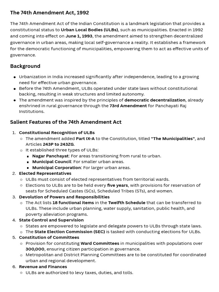 The 74th Amendment Act, 1992 - 20241210 - 001547 - 0000 | PDF ...