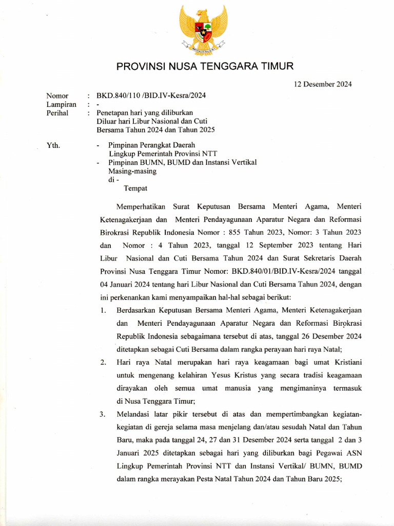 Surat Sekda Prov - NTT TTG Hari Yang Diliburkan 2024 | PDF