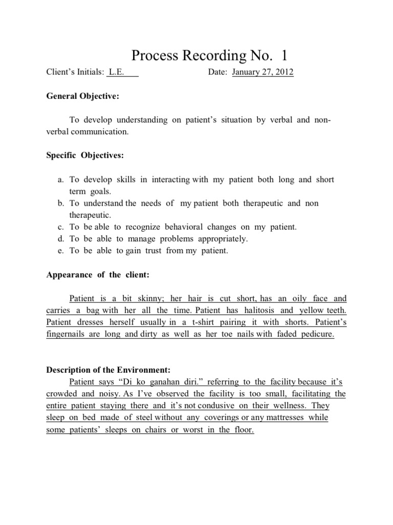 Process Recording No. 1 | Psychiatric And Mental Health Nursing | Patient