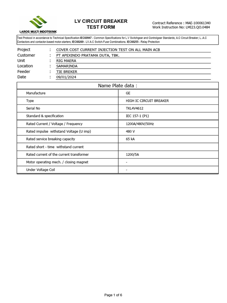 LV Circuit Breaker Test Protocol Form | PDF | Equipment | Electrical ...