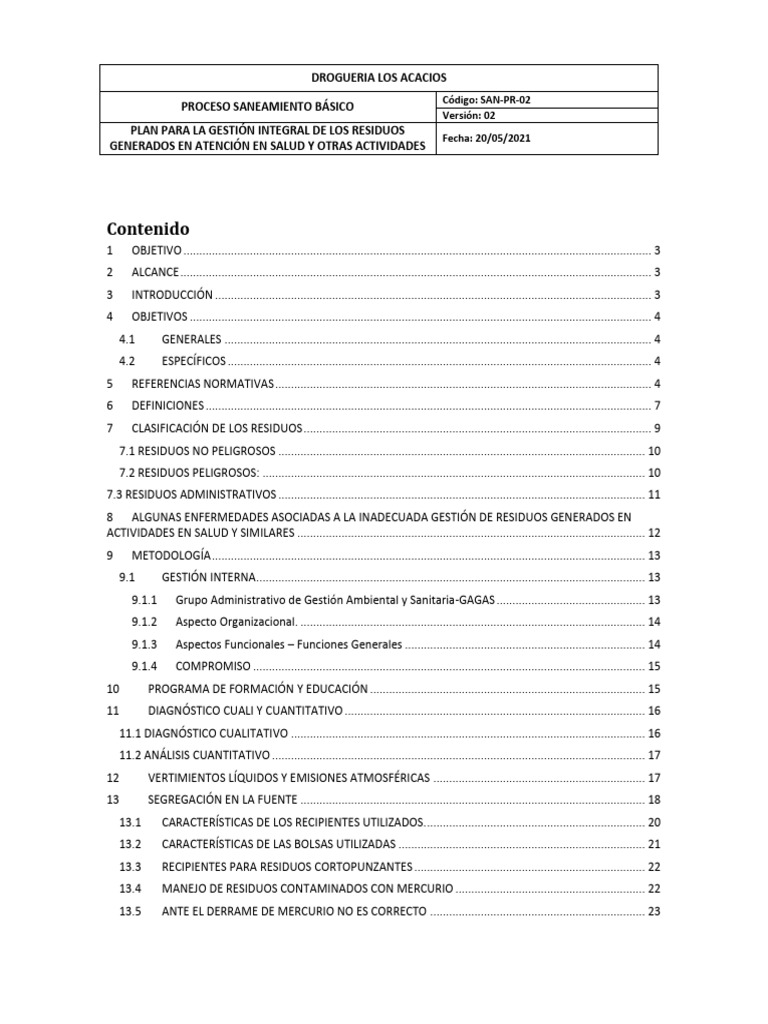 1 PLAN DE GESTION INTEGRAL DE RESIDUOS SOLIDOS, PGIRS (V2) | PDF | Residuos | Infección