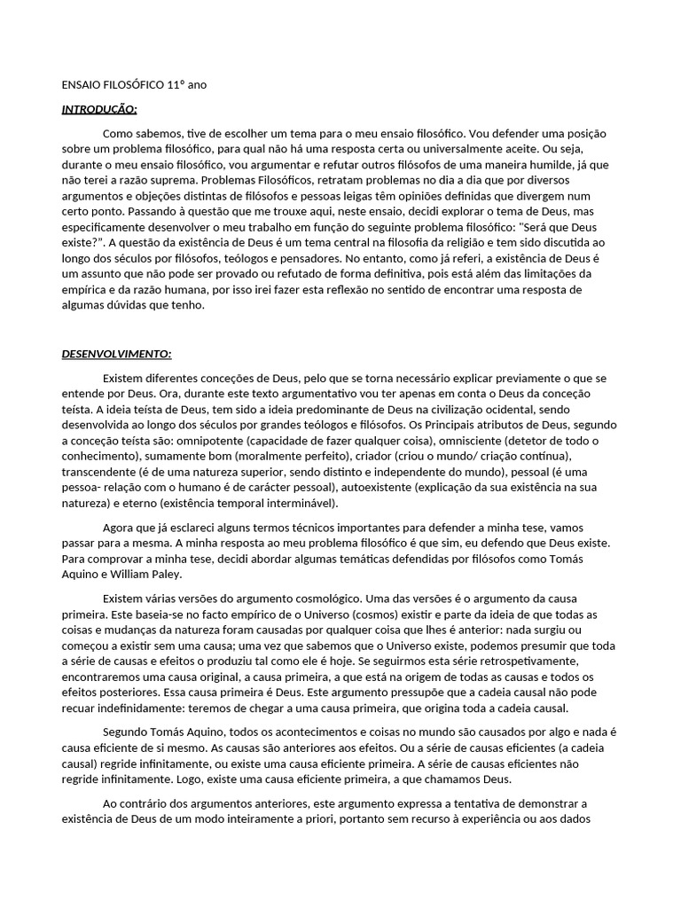 Ensaio Filosófico 11º Ano | PDF | Deus | Existência de Deus