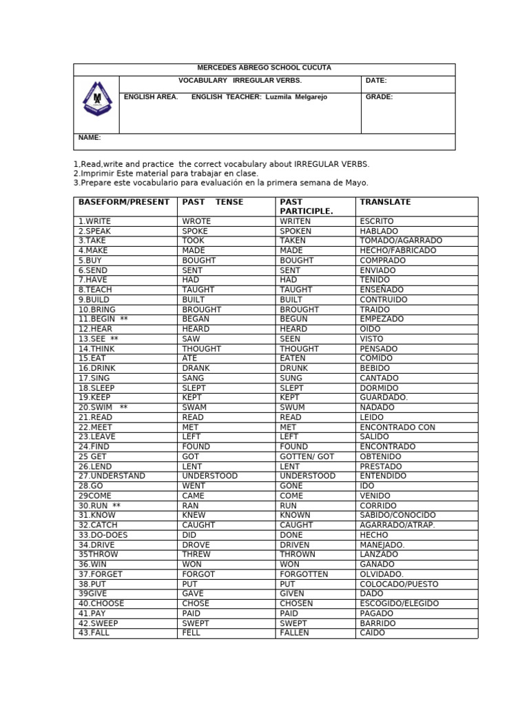 IRREGULAR VERBS | PDF | Syntax | Linguistic Morphology