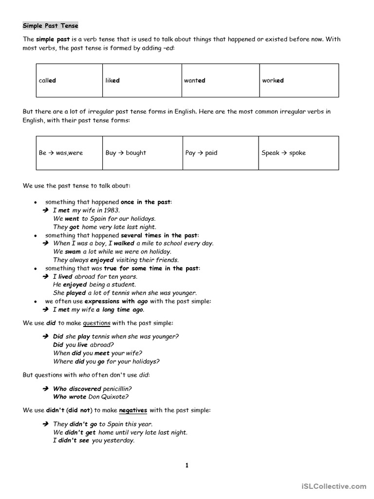 Past Simple and Used To - 4 Page Worksheet | PDF | Grammatical Tense ...