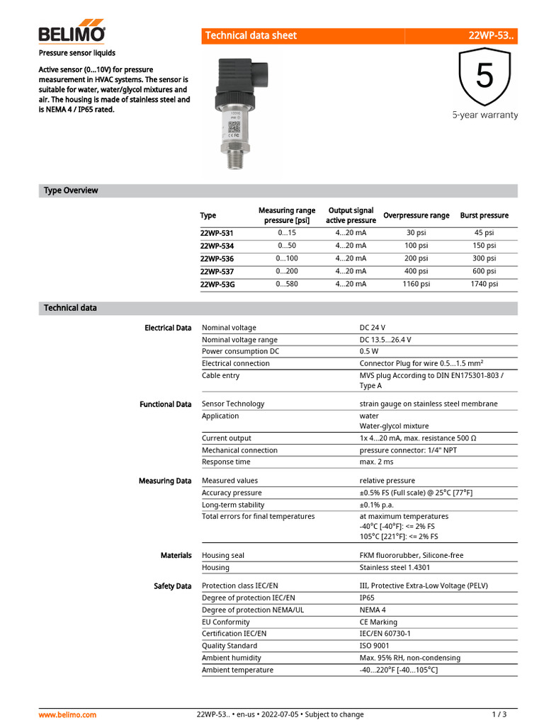 Belimo 22WP-53.. Datasheet En-Us | PDF | Electrical Connector | Sensor