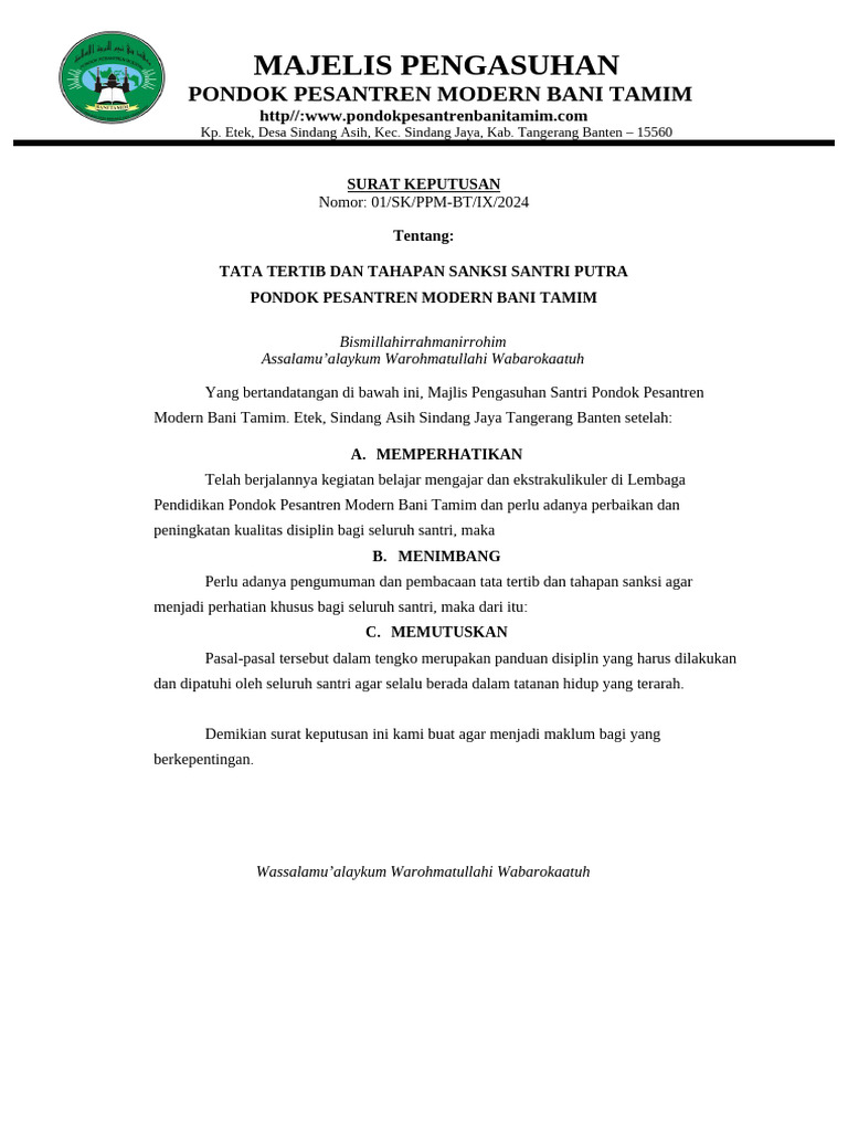 Tata Tertib Santri Pondok Bani Tamim | PDF
