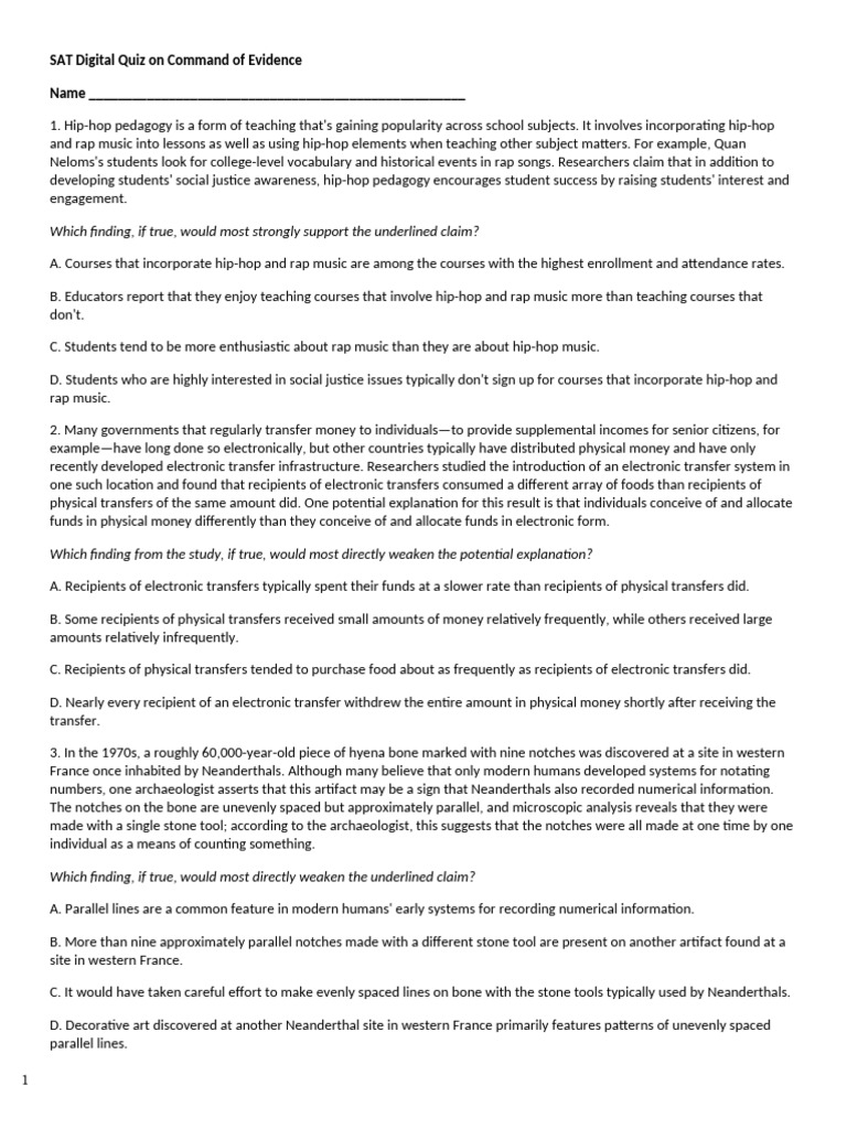 SAT Digital Quiz on Command of Evidence (1) | PDF | Anger | Sense And ...