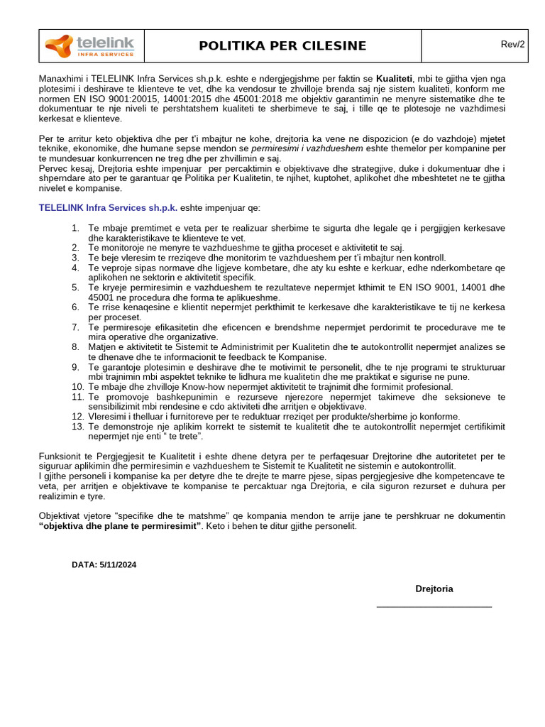 Politika e Kualitetit - Telelink | PDF