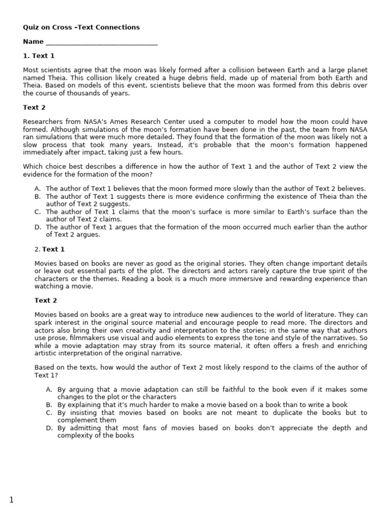 Cross-Text Connection Quiz (2) | PDF | Giant Impact Hypothesis | Moon