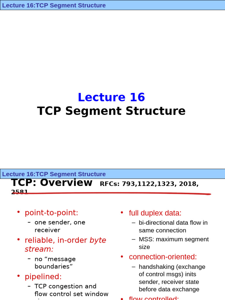 Lecture 16-TCP Segment Structure | PDF | Transmission Control Protocol | Network Architecture