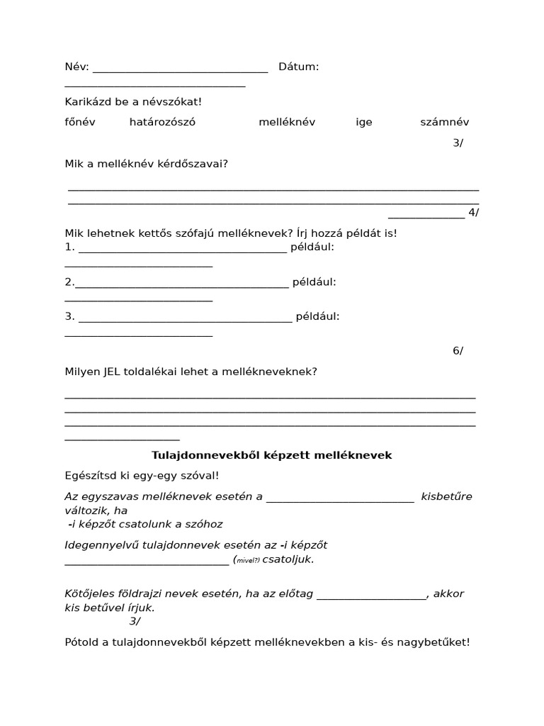 Melléknév Dolgozat | PDF