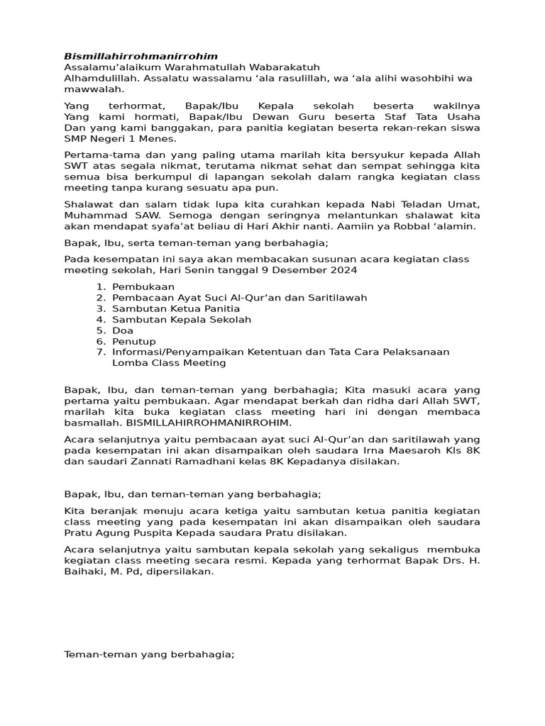 TEKS MC Pembukaan Susunan Acara ClassMeet | PDF