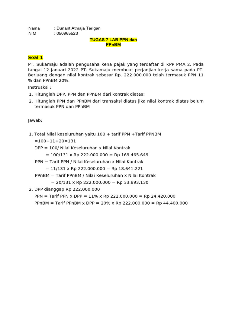 Tugas 7_Lab PPN Dan PPnBM_Dunant Atmaja Tarigan_050965523 | PDF