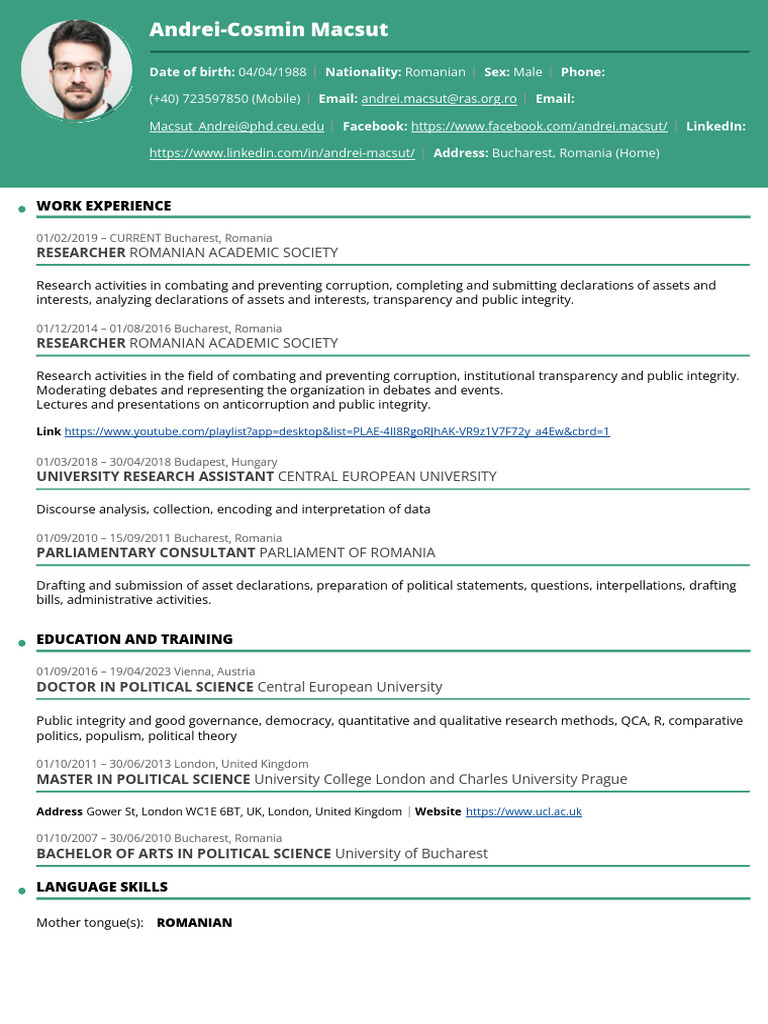 66d84e413ed29feb19f828b6_CV - Andrei-Cosmin Macsut Europass Eng | PDF | Romania | Qualitative ...