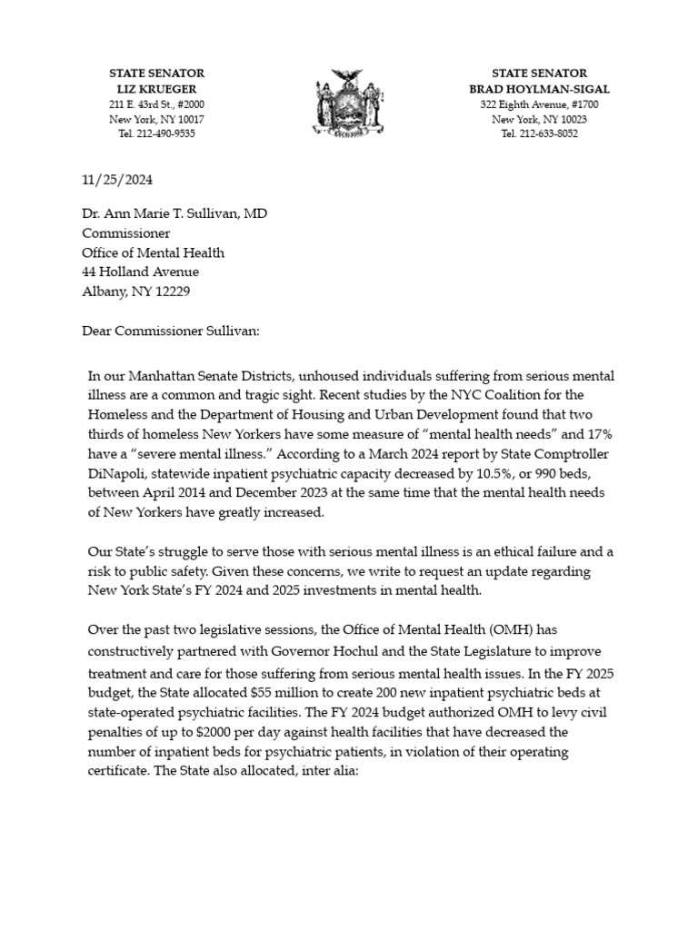 Letter to OMH on Mental Health Spending | PDF | Psychiatry | Mental Health