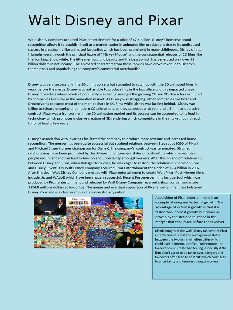 Walt Disney and Pixar Merger | PDF | The Walt Disney Company | Pixar